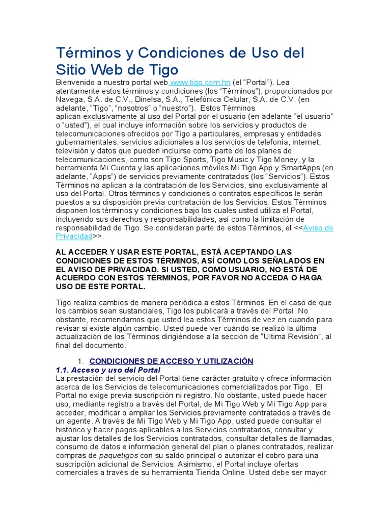 Términos y Condiciones de Uso Del Sitio Web de Tigo | PDF | Sitios web | Propiedad intelectual