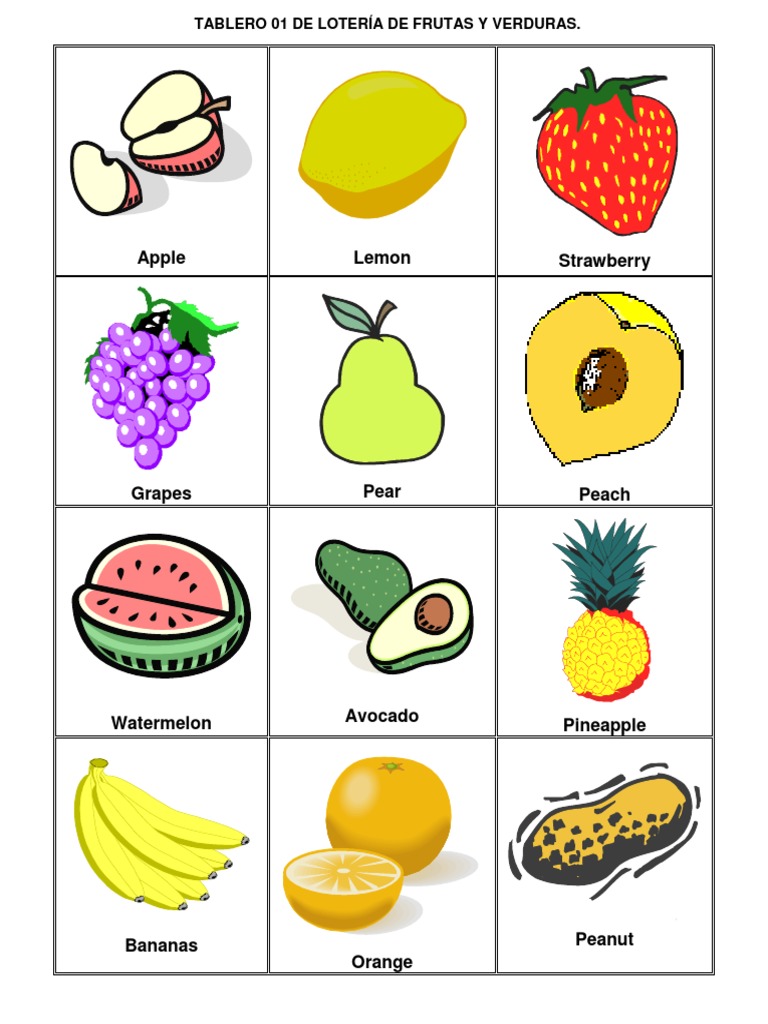 Lotería de Frutas y Verduras: 20 Tableros | PDF