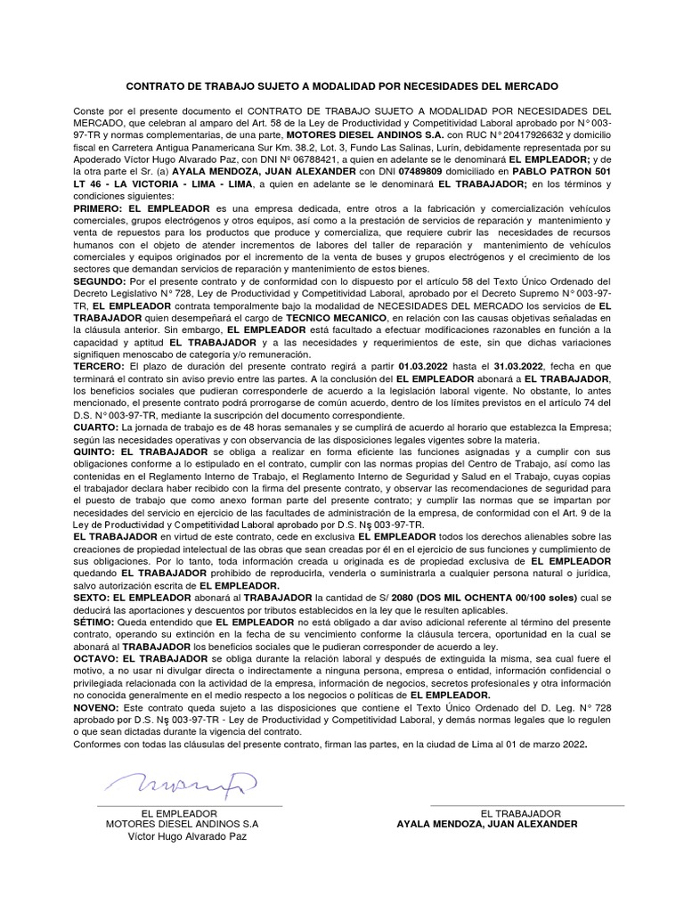 Contrato de Trabajo Sujeto A Modalidad Por Necesidades Del Mercado | Descargar gratis PDF ...