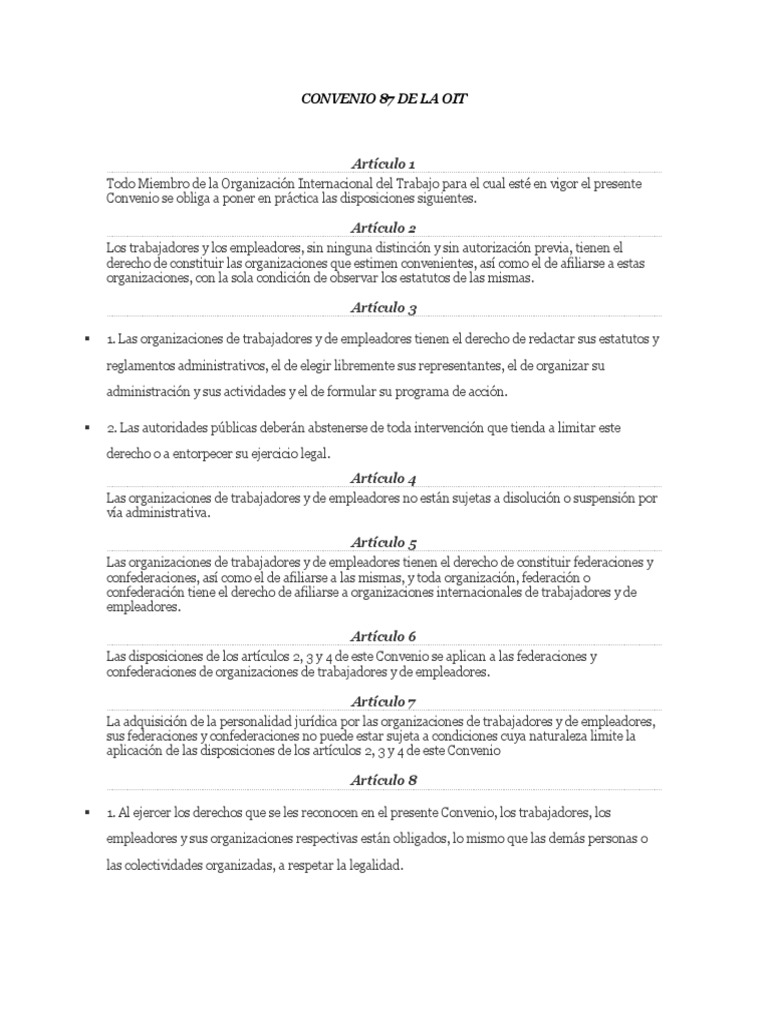 Convenio 87 de La Oit | PDF | Tratado | Sindicato