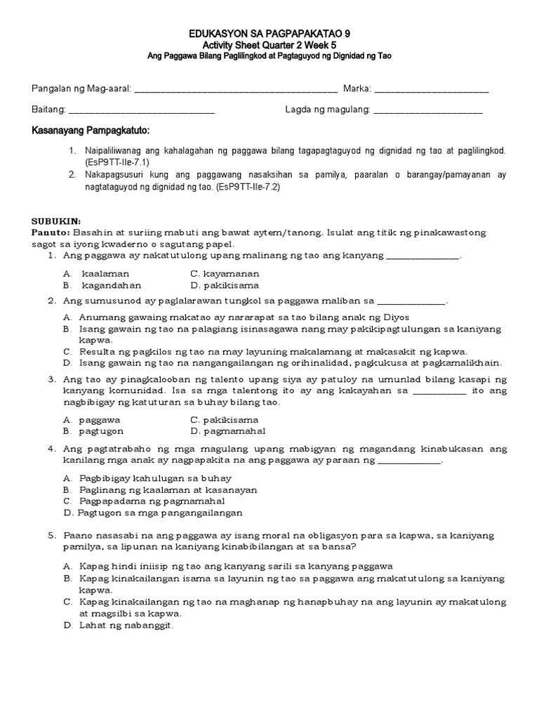 Actiity Sheet Week 5 Esp 9 | PDF