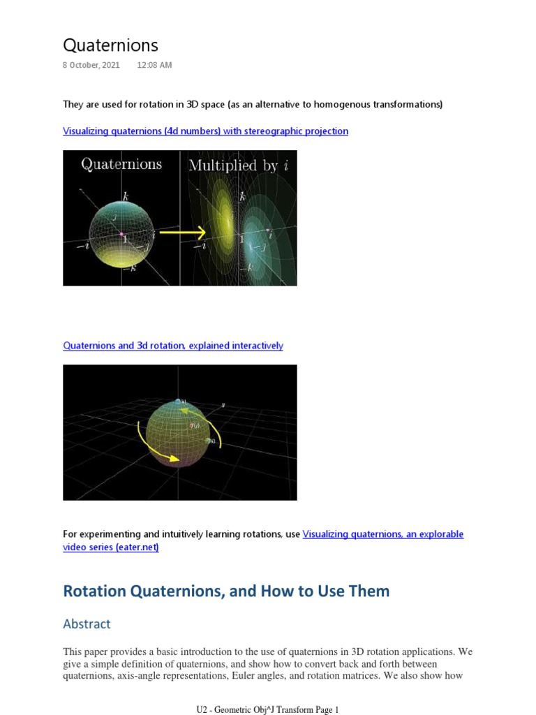 Unit2 Notes - Quaternions | PDF | Euclidean Vector | Rotation