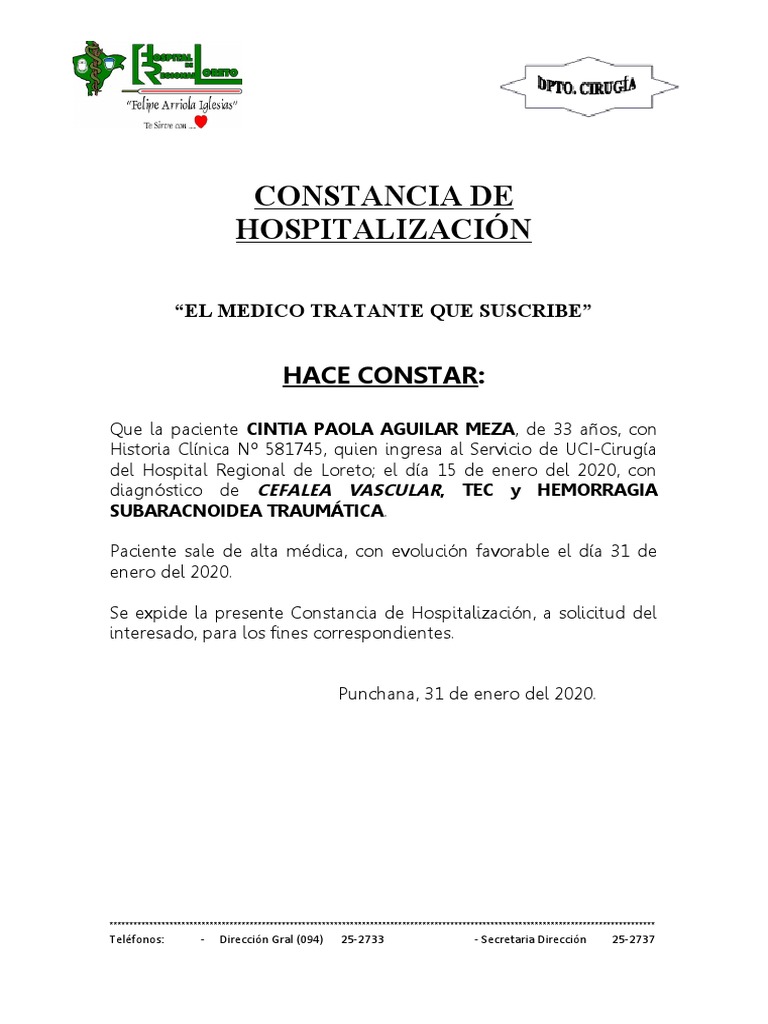 Constancia de Hospitalización 2020 | PDF | Hospital | Historial médico