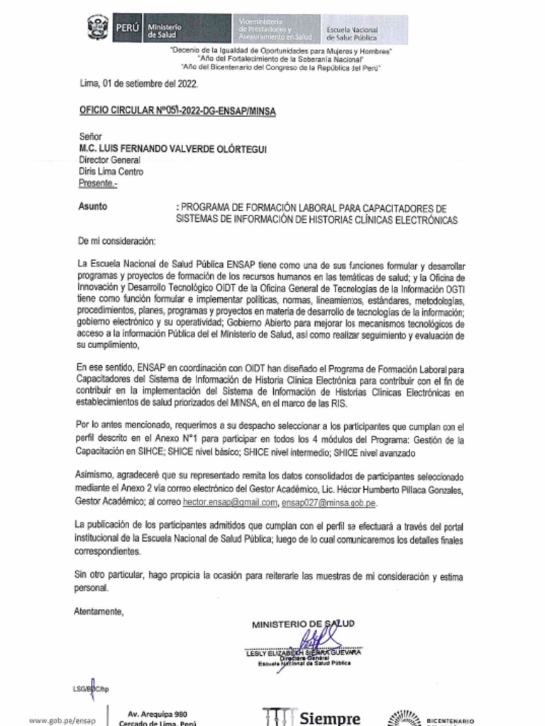 Oficio Circular N°051-2022-Dg-Ensap | PDF