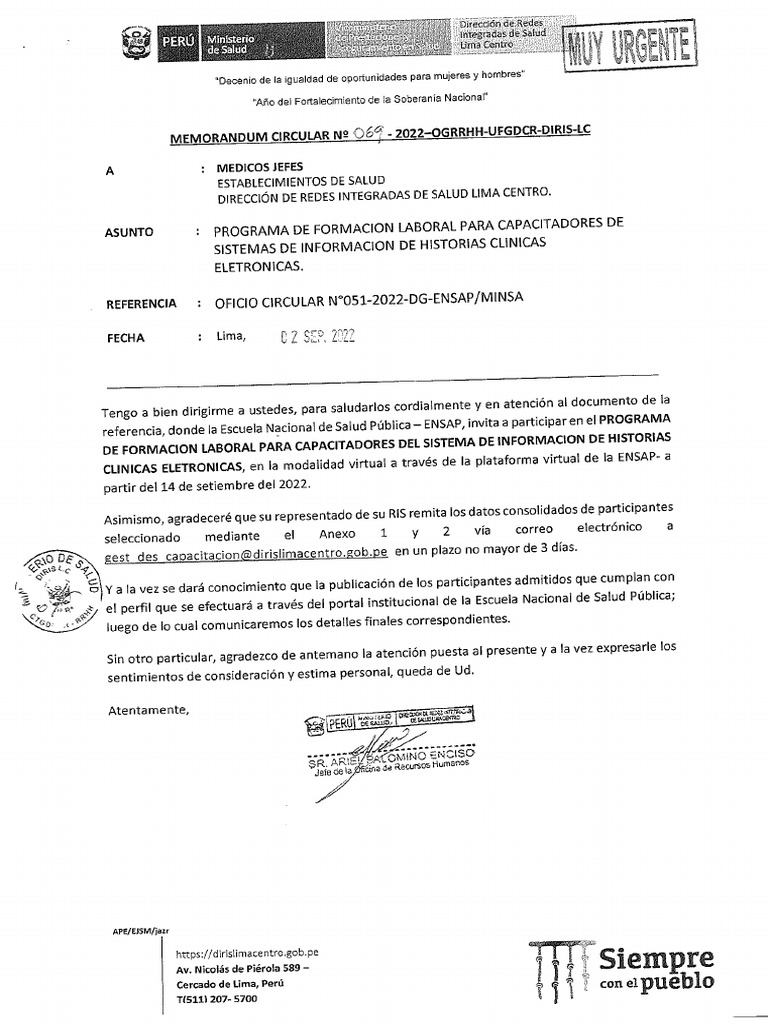 Memorandum Circular N°069-2022-Ogrrhh-Diris-Lc | PDF