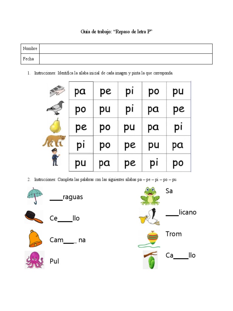 Guía de Trabajo Letra P | PDF