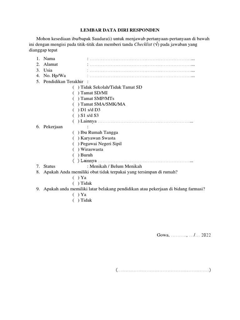 LEMBAR DATA DIRI RESPONDEN Dan KUISIONER PENGMAS | PDF