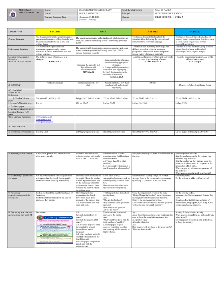DLL Grade3 1stquarter WEEK5 | PDF | Learning | Teachers