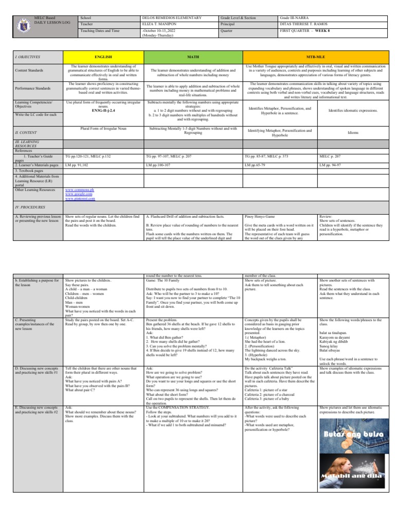 DLL Grade3 1stquarter WEEK8 | PDF | Subtraction | Human Communication