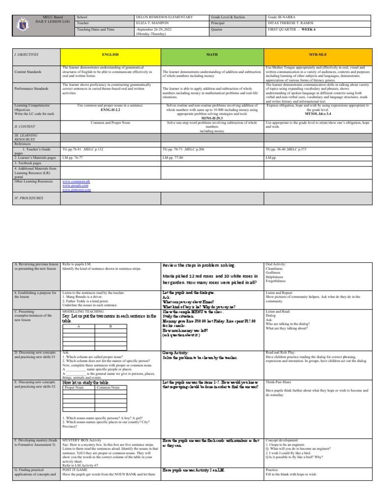 Understanding Nouns and Solving Word Problems: A Daily Lesson on ...