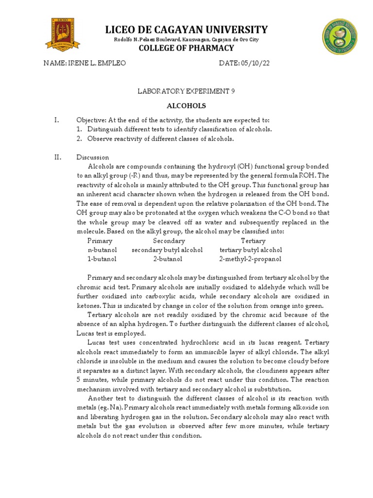 Laboratory Experiment 9 Alcohols | PDF | Acid | Hydrochloric Acid