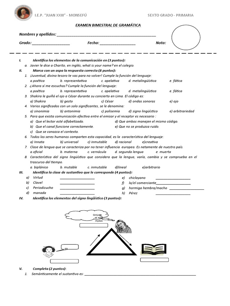 Examen Bimestral de Gramática - 6to | PDF | Comunicación | Lingüística