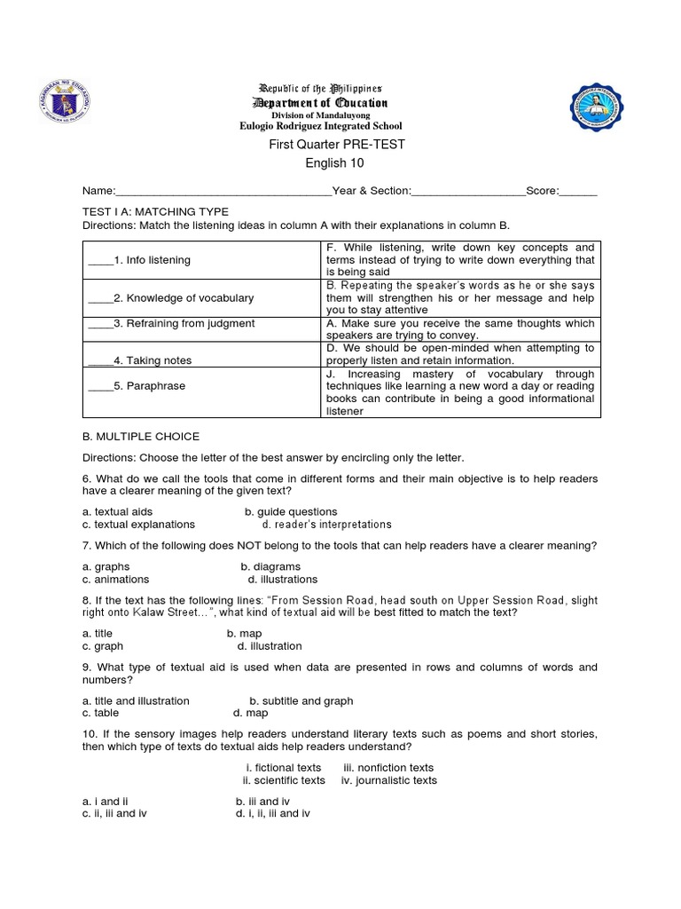 Textual Aids for Comprehension: A Pre-Test on Elements of Fiction ...