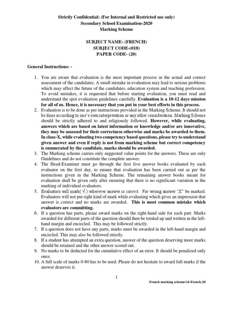 French (018) Class X Marking Scheme 2020 | PDF | Evaluation | Quebec