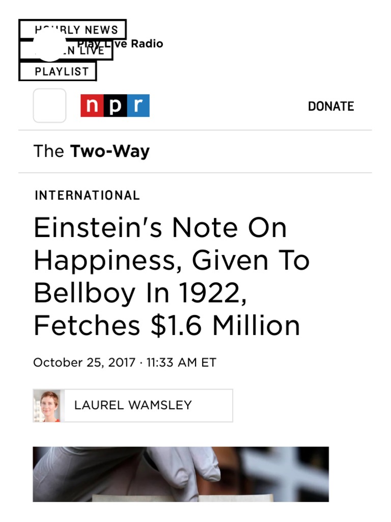 Einstein's Note On Happiness, Given To Bellboy in 1922, Fetches $1.6 Million - The Two-Way - NPR ...