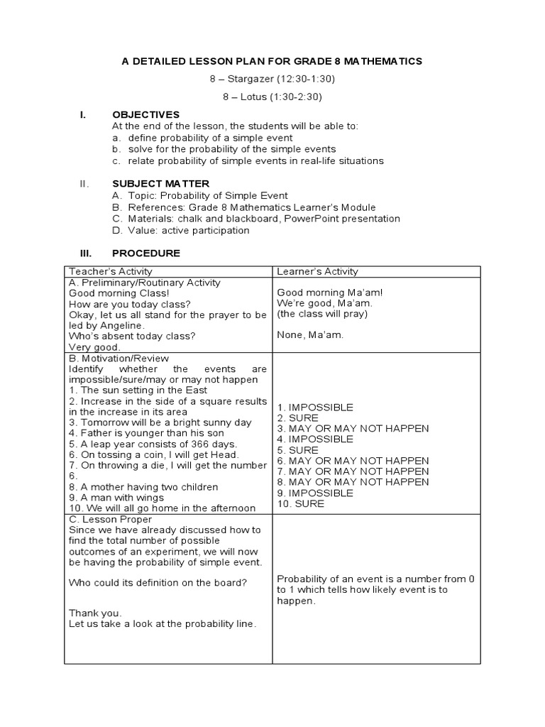 Grade 8 Probability Lesson Plan | PDF | Probability | Numbers