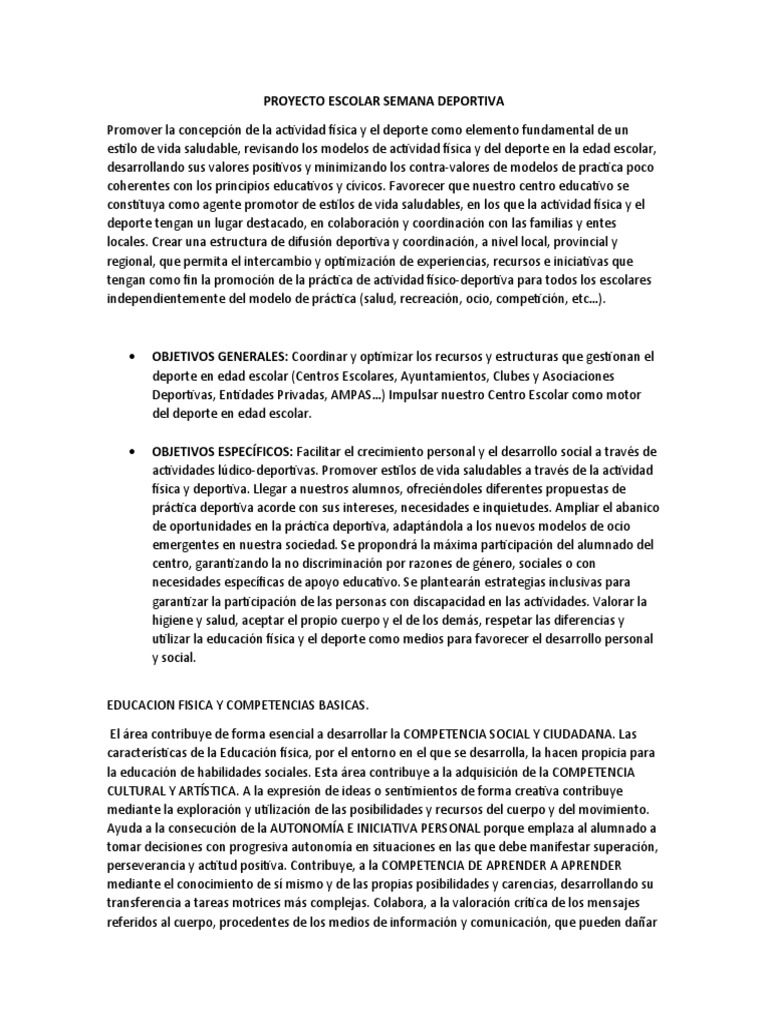 Proyecto Semana Deportiva Escolar | PDF | Deportes | Aprendizaje