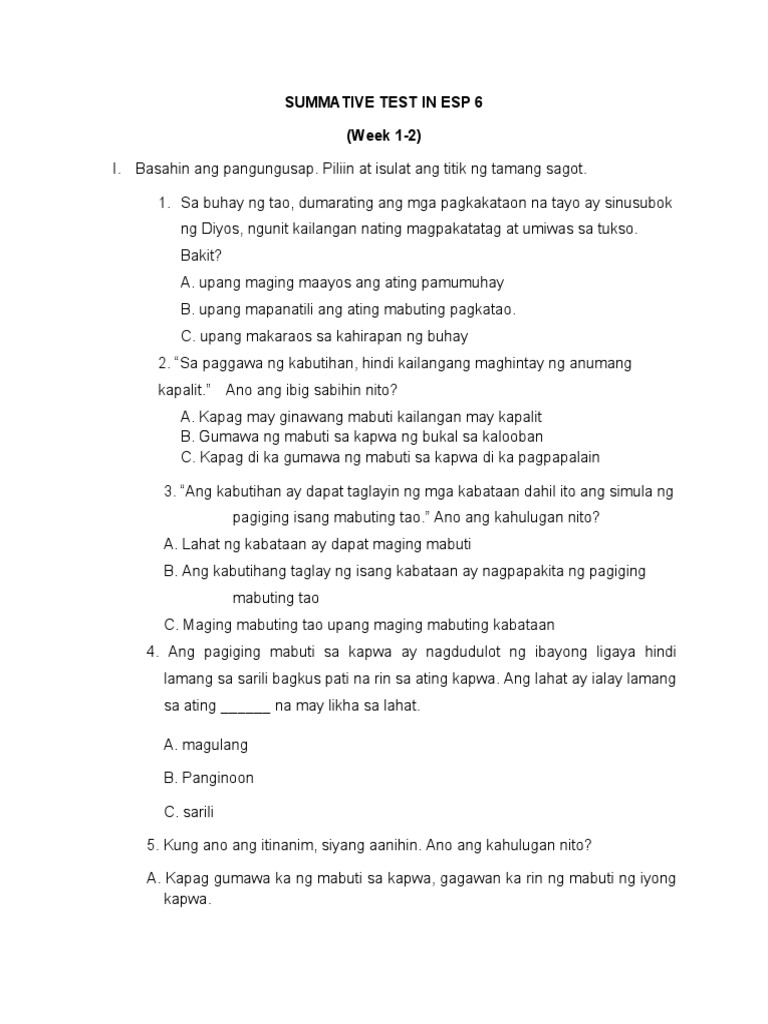 Summative Test ESP Wk. 1 2 | PDF