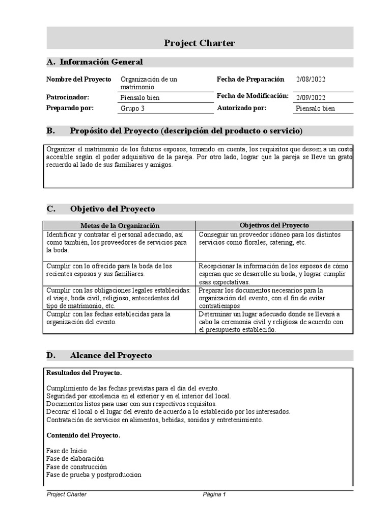 Plantilla Project Charter Matrimonio | PDF | Presupuesto | Matrimonio