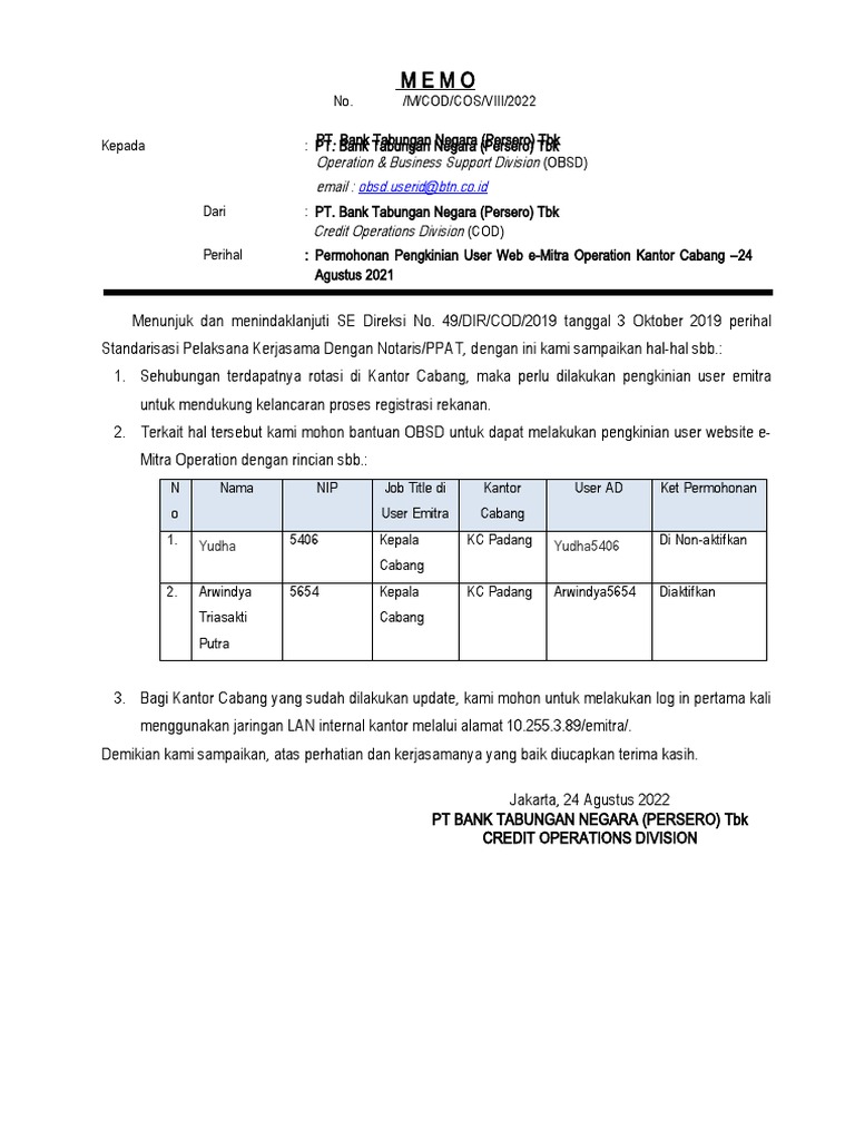 Memo Ke OBSD - Permohonan Pengkinian User Web E-Mitra Operation Juni | PDF