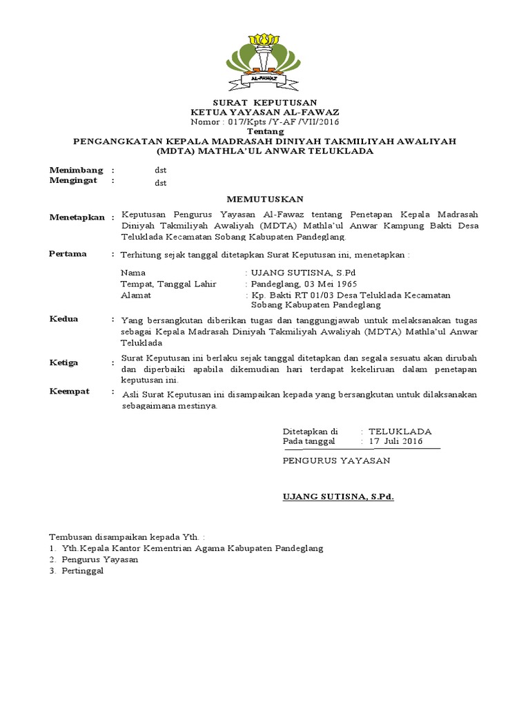 Contoh SK Kepala MDTA | PDF