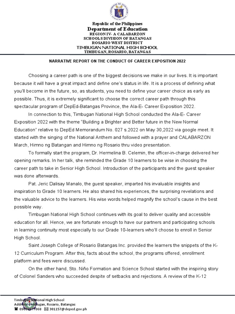 Narrative Report Career Exposition 2022 | PDF | Behavior Modification