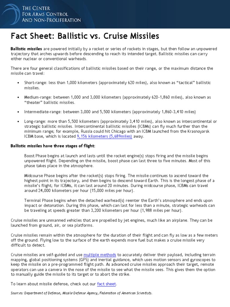 Ballistic vs. Cruise Missiles Fact Sheet | Download Free PDF ...