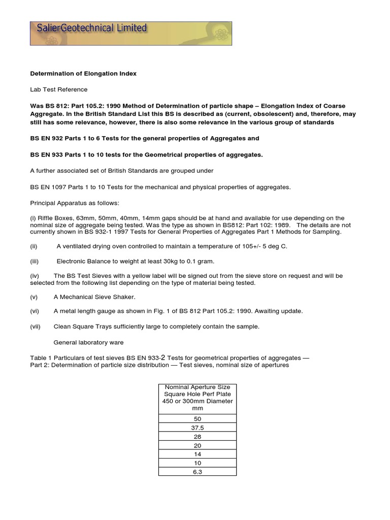 Elongation Index BS EN 933 | PDF | Chemistry | Applied And Interdisciplinary Physics