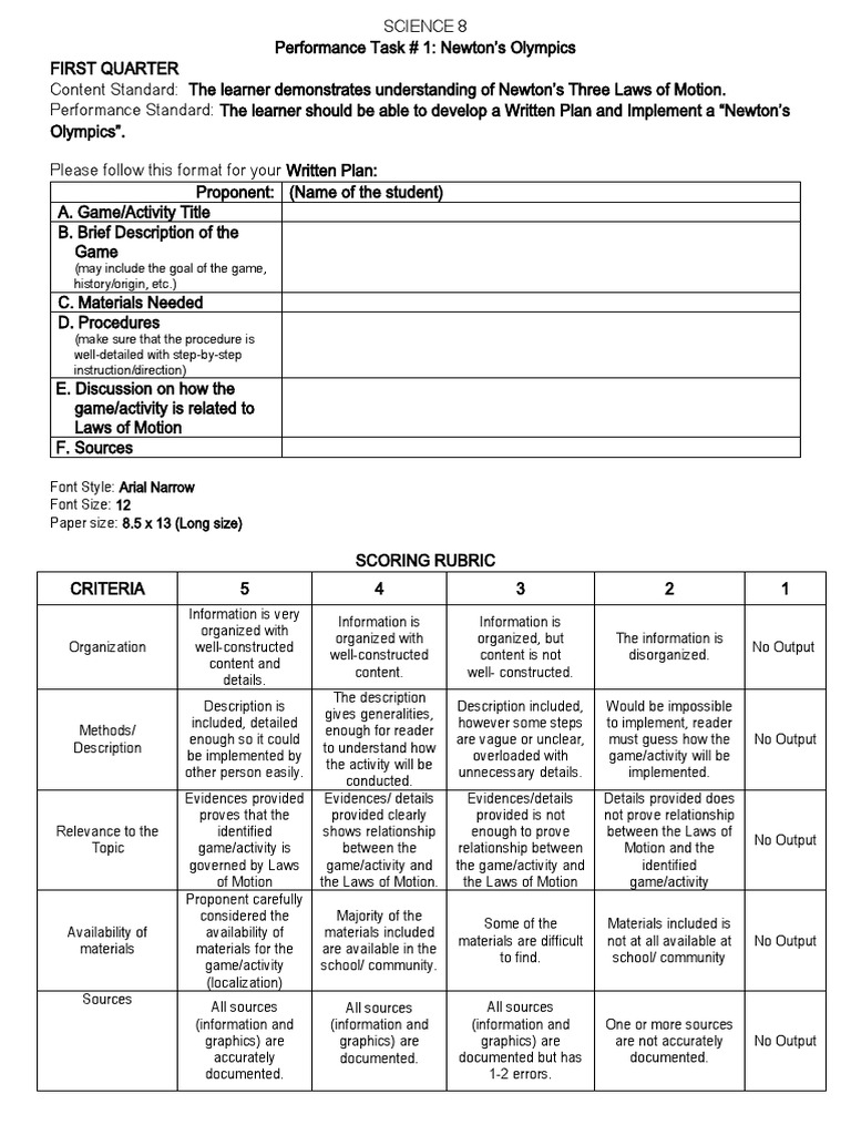 Newton's Olympics Performance Task Guide | PDF | Behavior Modification | Learning