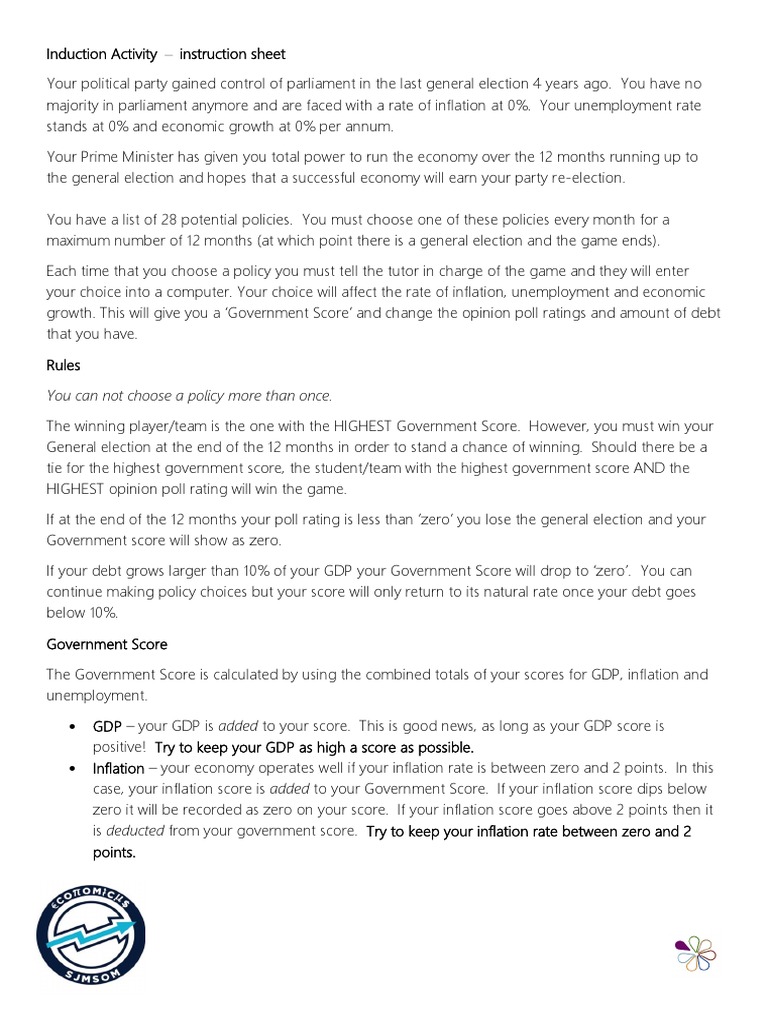 The Government Game Student Worksheet | PDF | Inflation | Unemployment
