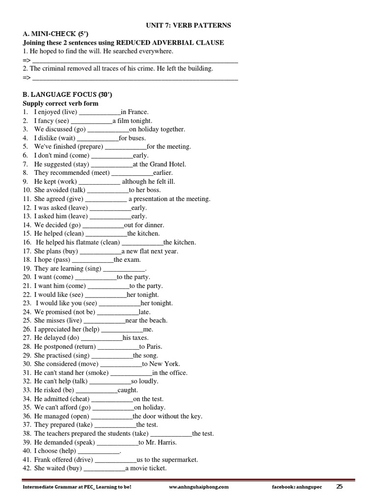 Unit 7: Verb Patterns A. MINI-CHECK (5') Joining These 2 Sentences ...
