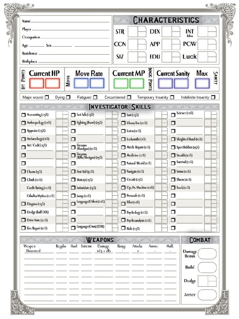 CoC Character Sheet - 1920s - Page 1 | PDF
