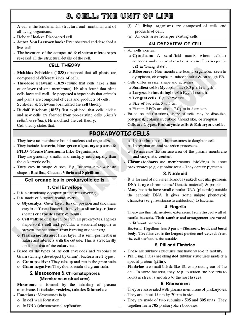 8 Cell - The Unit of Life-Notes - Sample | PDF | Cell (Biology) | Bacteria