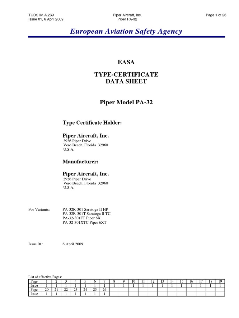 EASA TCDS A.239 - (IM) - Piper - PA 32 01 06042009 | PDF | Aeronautics ...