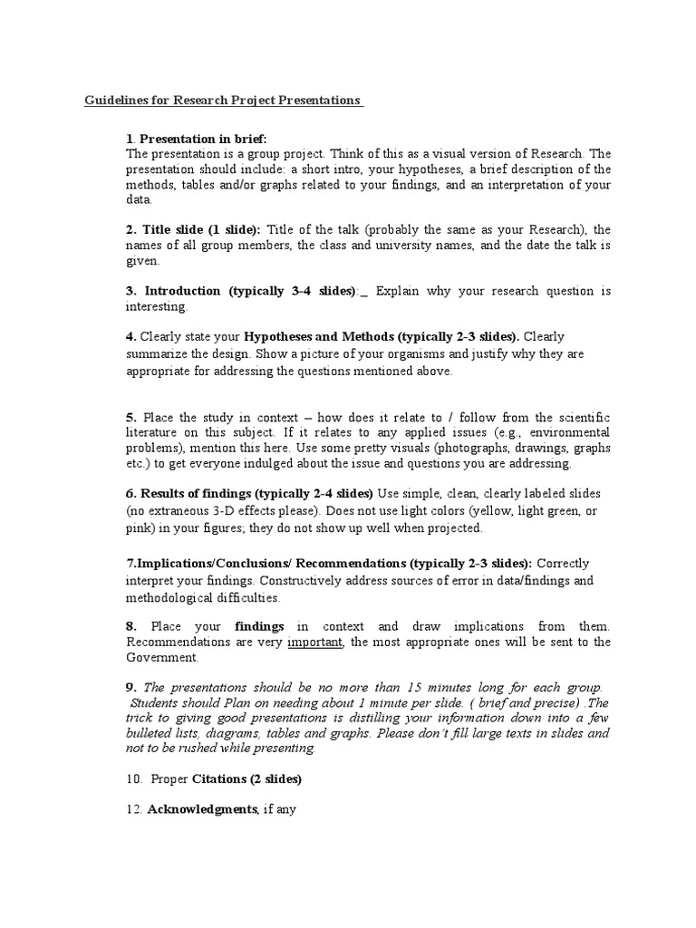 Guidelines For Research Project Presentations | PDF