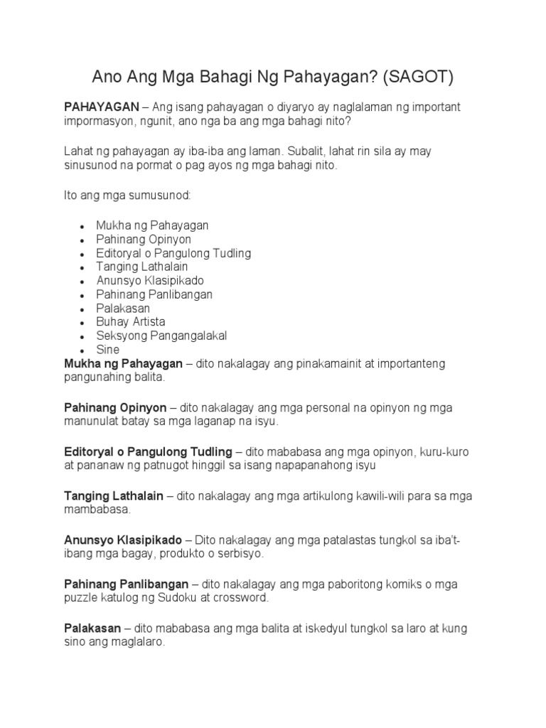 Ang Mga Bahagi NG Pahayagan | PDF