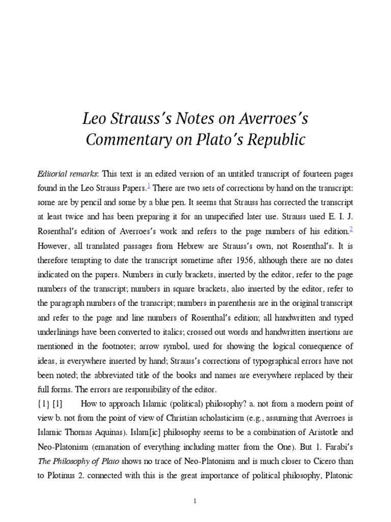 Leo Strauss's Notes On AVERROES' Commentary On Plato's Republic | PDF ...