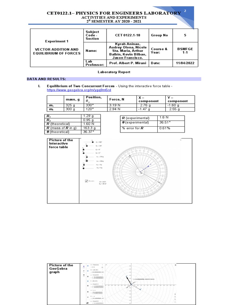 Experiment 1 Addition of Vectors Group 5 | PDF | Force | Experiment