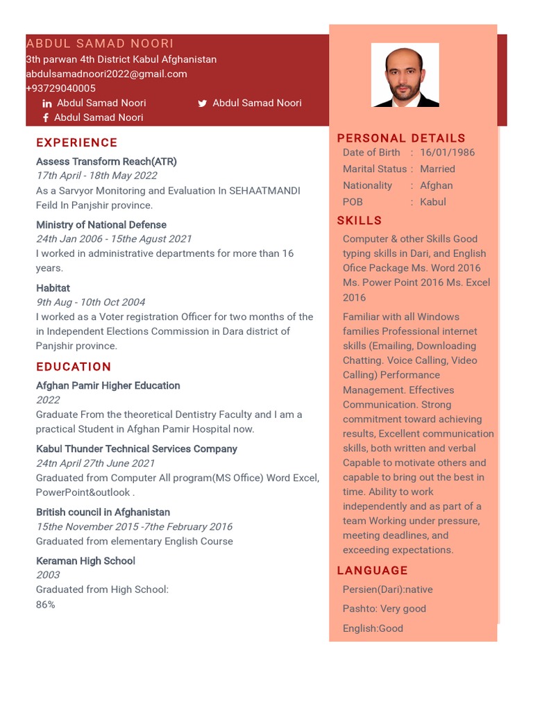 Abdul Samad Noori's CV and Skills | PDF | Afghanistan | Linguistics