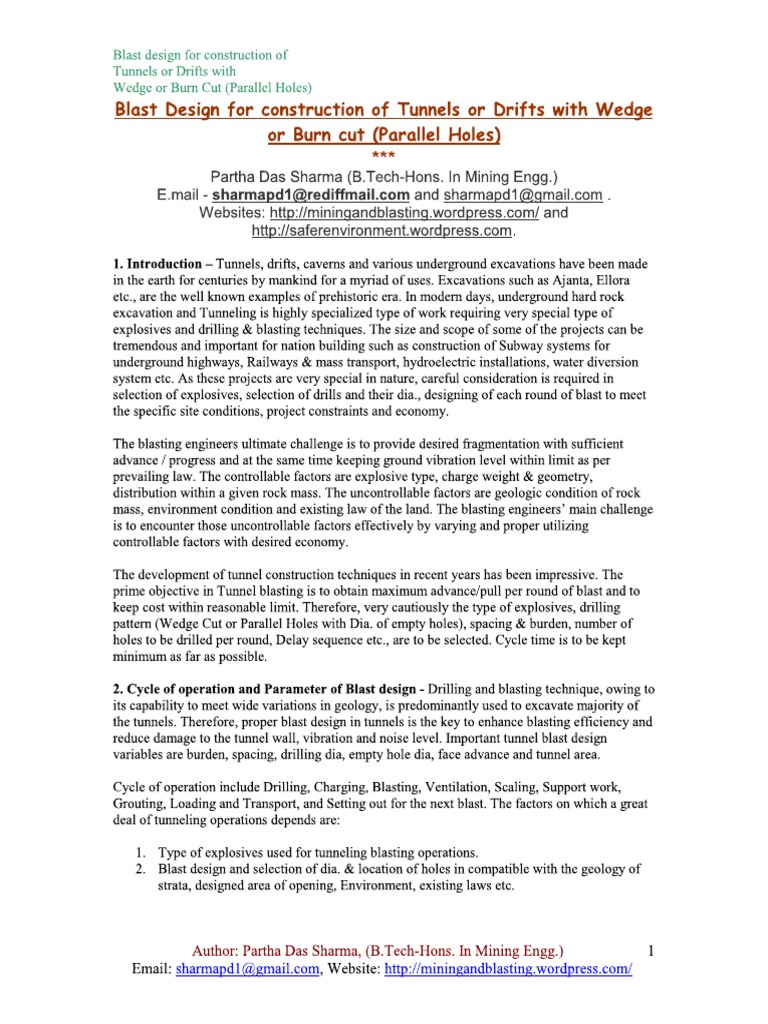 Blast Design For Construction of Tunnels or Drifts With Wedge or Burn ...