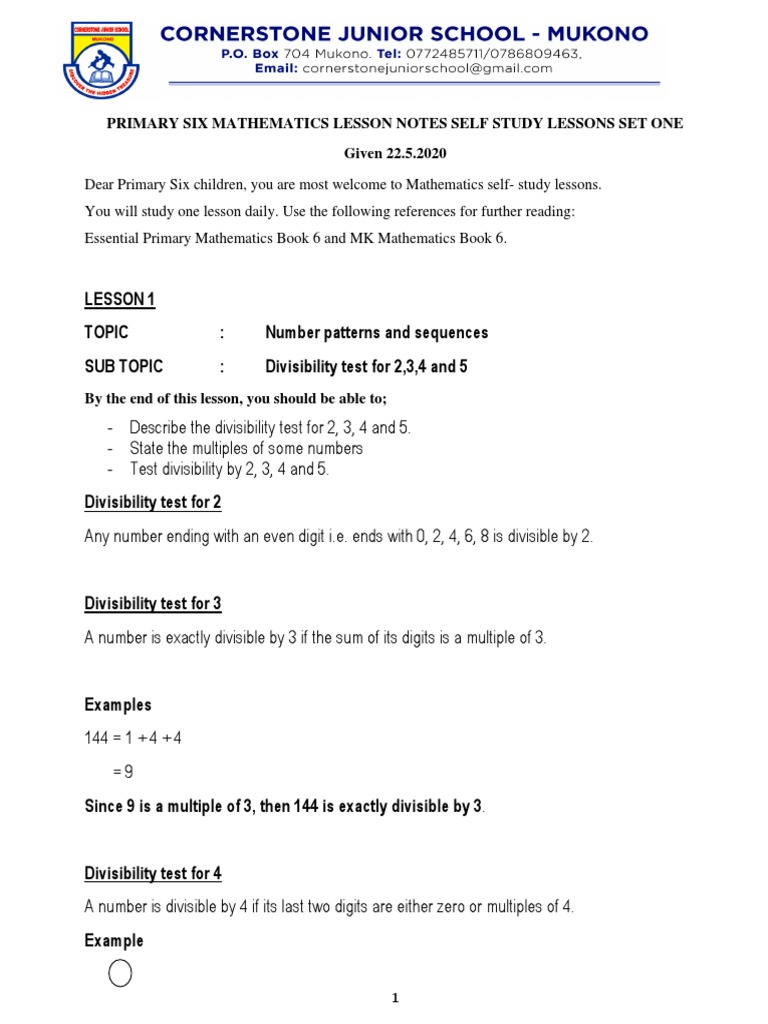 P6 Mathematics Lesson Notes Self Study Lesson Set One Cornerstone ...