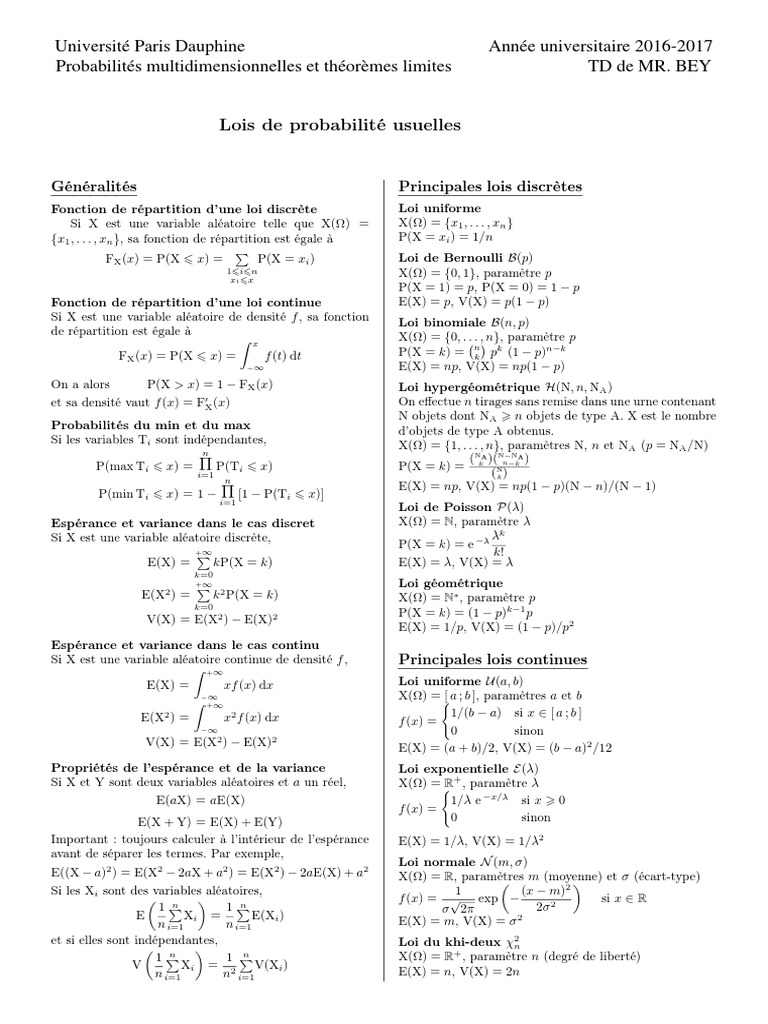 Fiche1 L2 | PDF | Loi de probabilité | Variance (mathématiques)