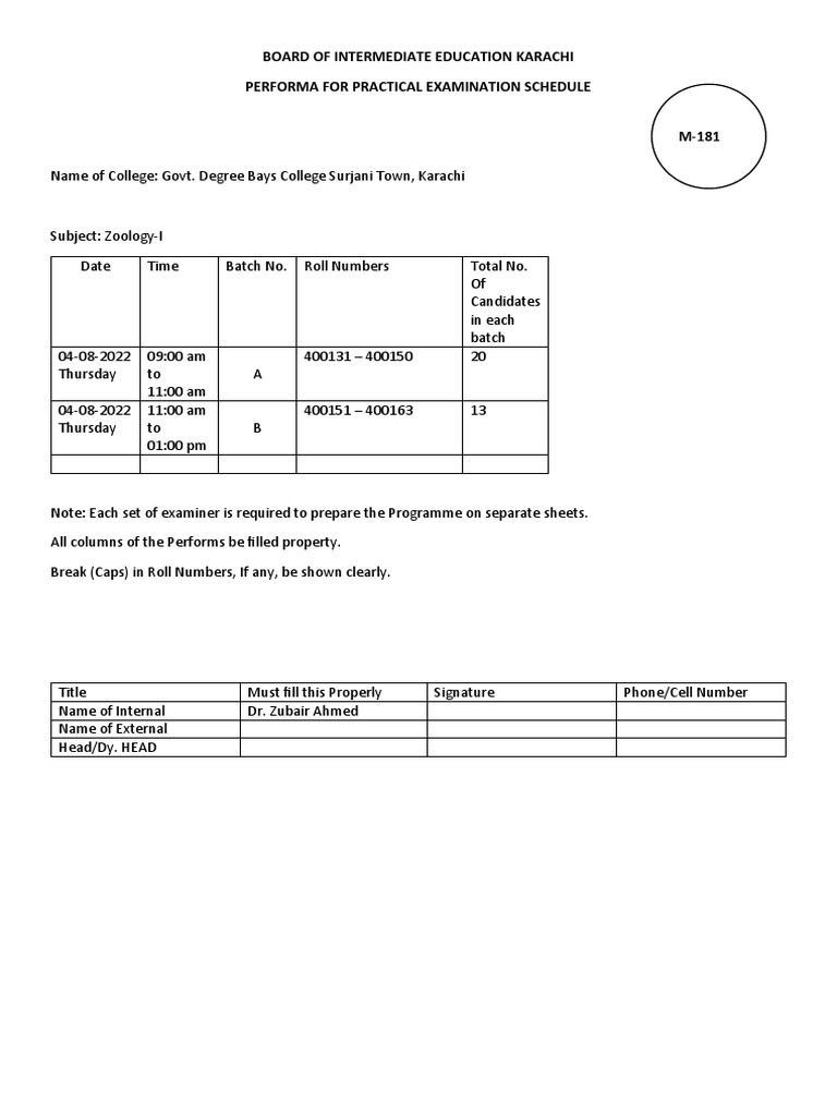 Board of Intermediate Education Karachi Performa For Practical Examination Schedule M-181 | PDF