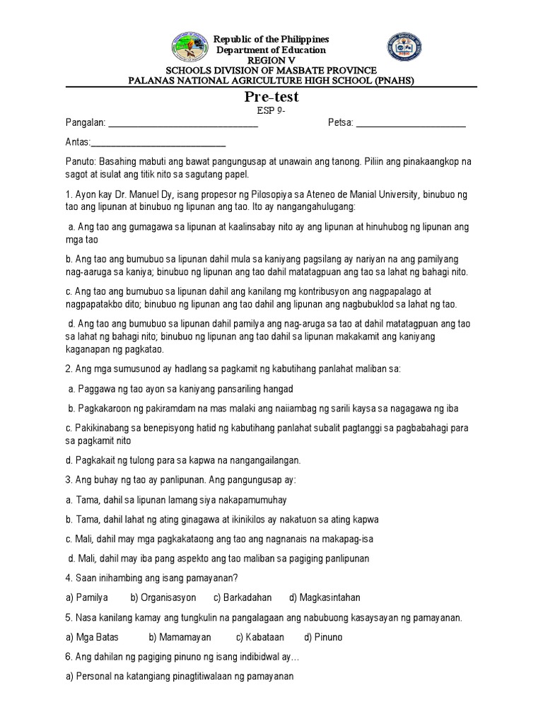 Esp 9 Pre Test | PDF