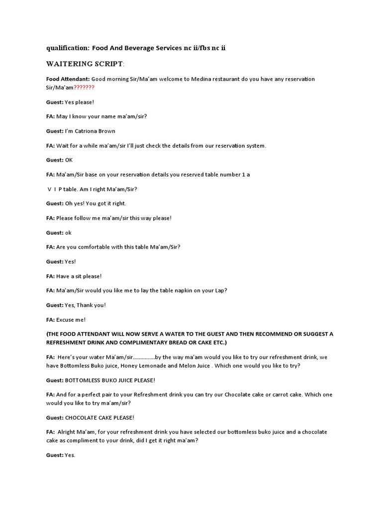 Waitering Script FBS NC Ii | PDF | Hors D'oeuvre | Desserts