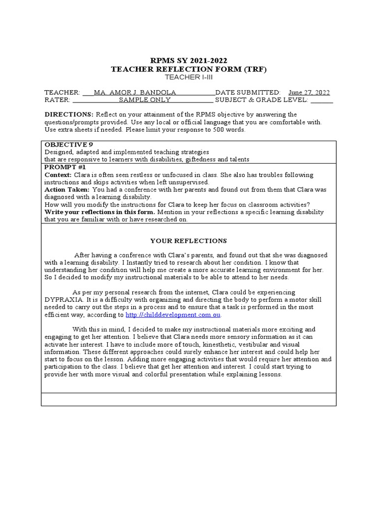 SAMPLE-TRF-FOR-OBJ.-9-10 | PDF | Lesson Plan | Intellectual Giftedness