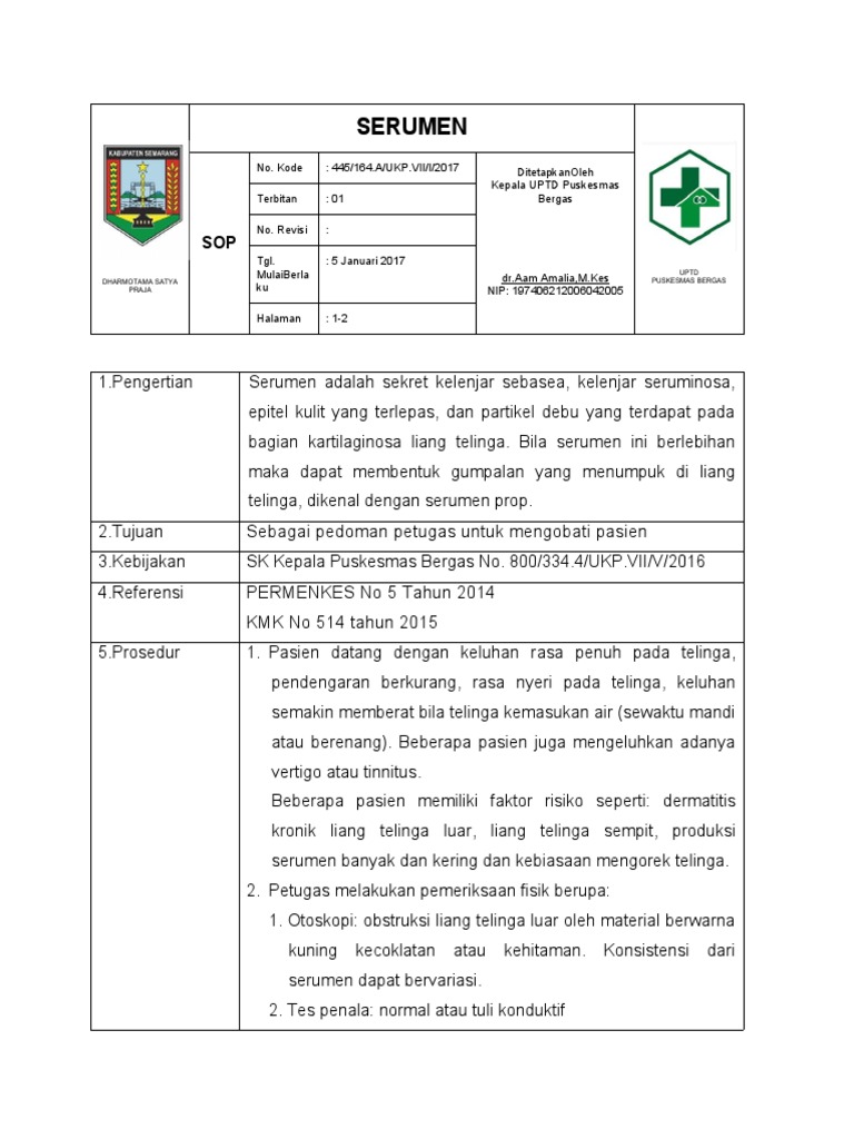 SOP Penanganan Serumen di Puskesmas Bergas | PDF
