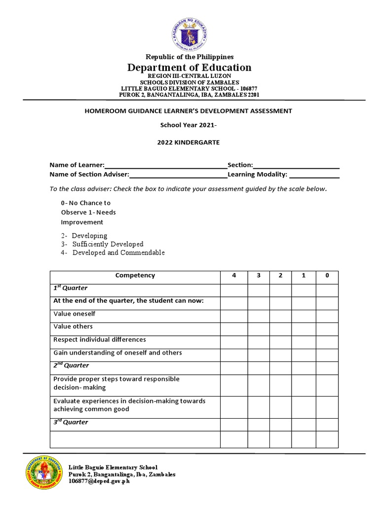 Kinder - Homeroom Guidance Learner's Development Assessment | PDF ...