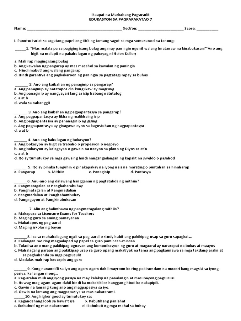 Ikaapat Na Markahang Pagsusulit Sa ESP | PDF