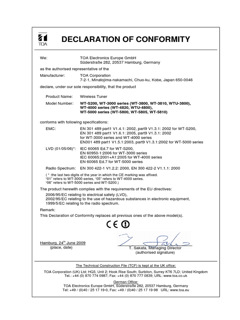 Declaration of Conformity for TOA Corporation's Wireless Tuner Product ...